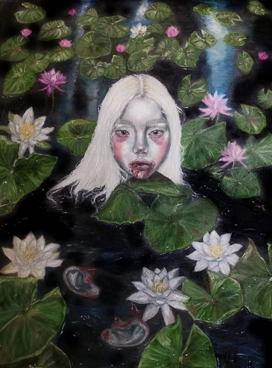 ORIGINAL OIL PAINTING Horror Gore Surreal Bloody Lake Water Female Girl ...