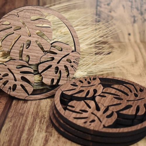 Set of 6 Wood Leaf Pattern Coasters Monstera Leaf Taro - Etsy