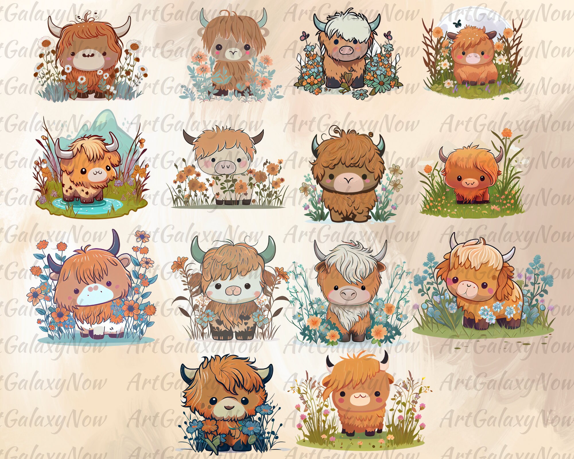 Highland Cow in Meadow Clipart Chibi PNG Instant Download - Etsy UK
