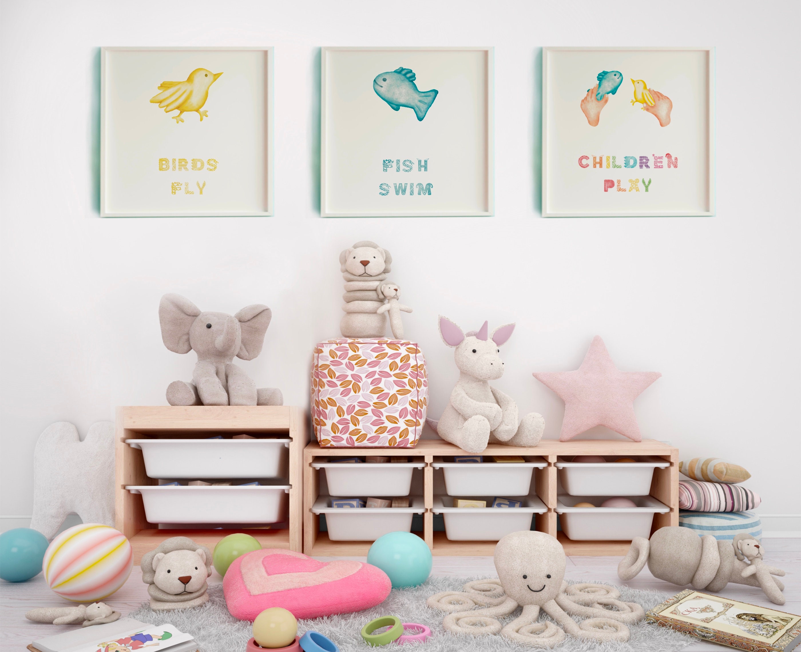 Digital Prints Play Therapist Wall Decor Birds Fly Fish Swim Children ...