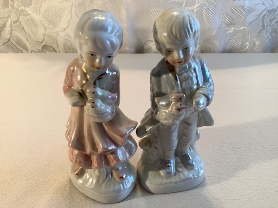 Vintage Ceramic Boy and Girl Figurines Holding Two Birds | Etsy