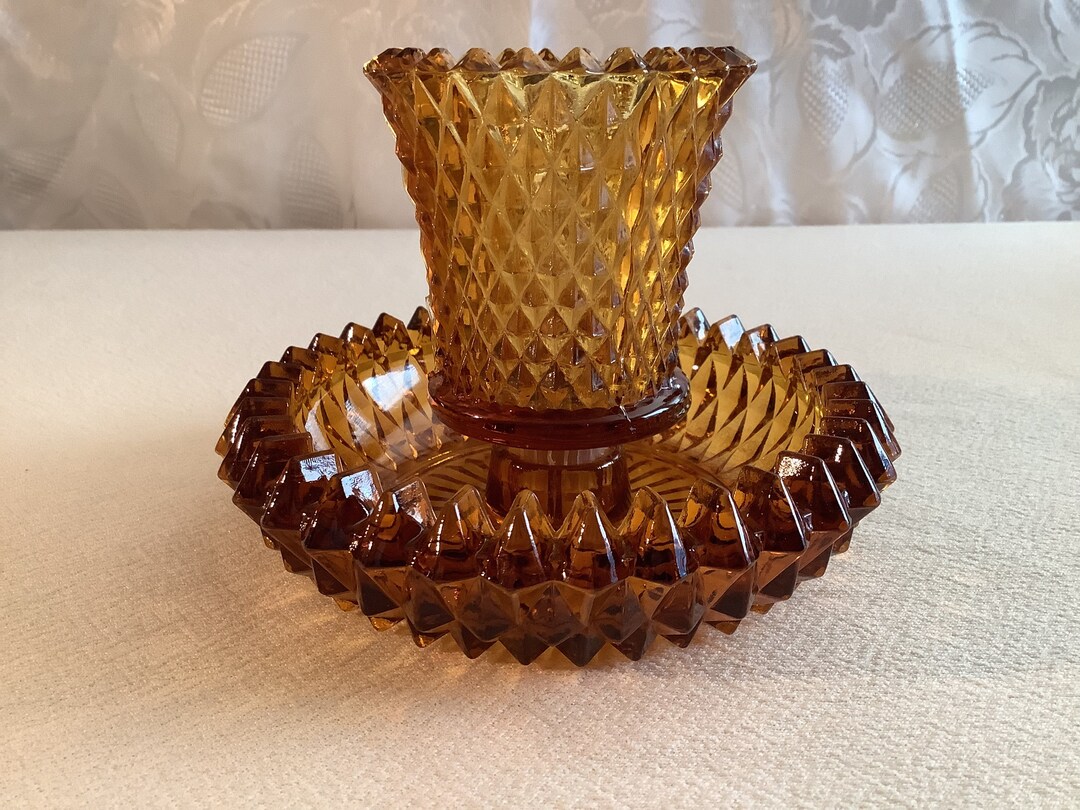 Vintage Indiana Glass Amber Diamond Point Pattern Candle Holder With ...