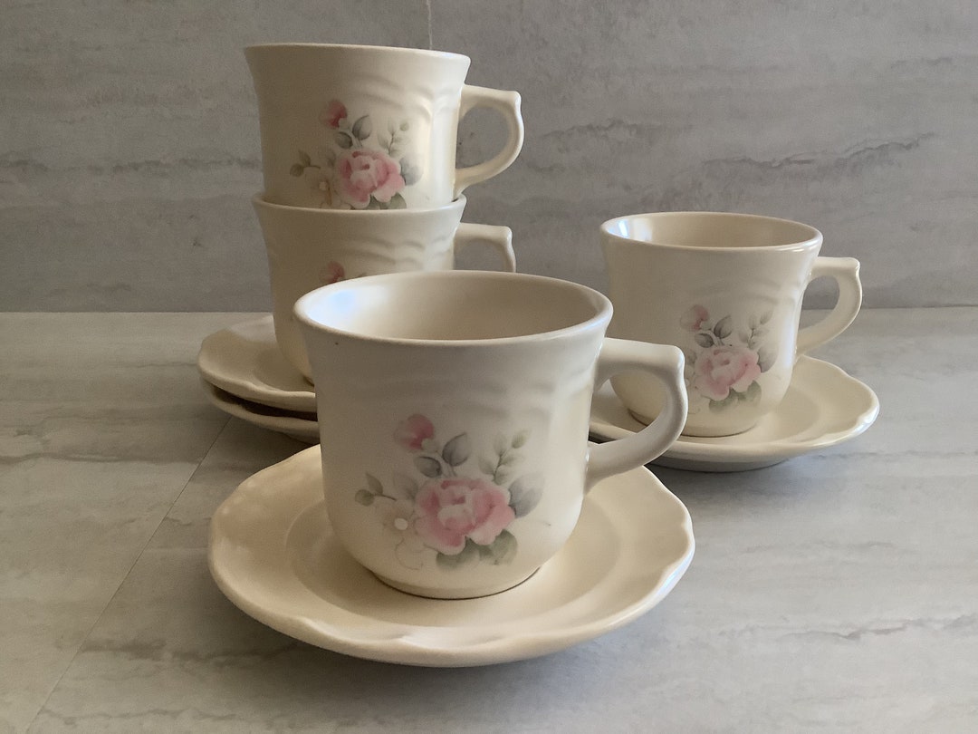 Vintage Pfaltzgraff Stoneware Tea Rose Pattern Cup and Saucer Set. Set of 4 Cups and 4 Saucers ...