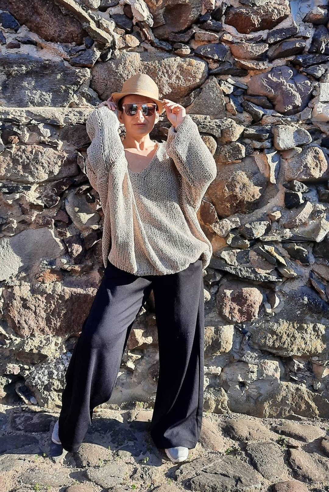 Sand Color Knit Sweater, Boho Style Sweater, Loose One Size Oversized ...