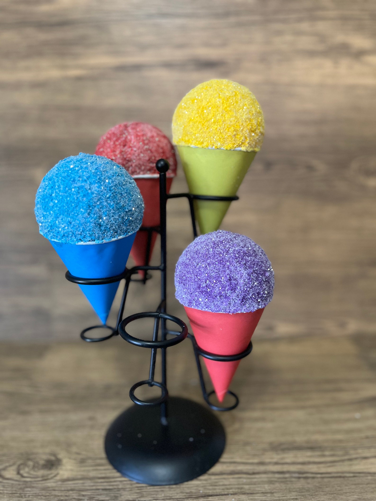 Colored Faux Snow Cones in a Paper Snow Cone Cup, Tiered Tray Decor ...