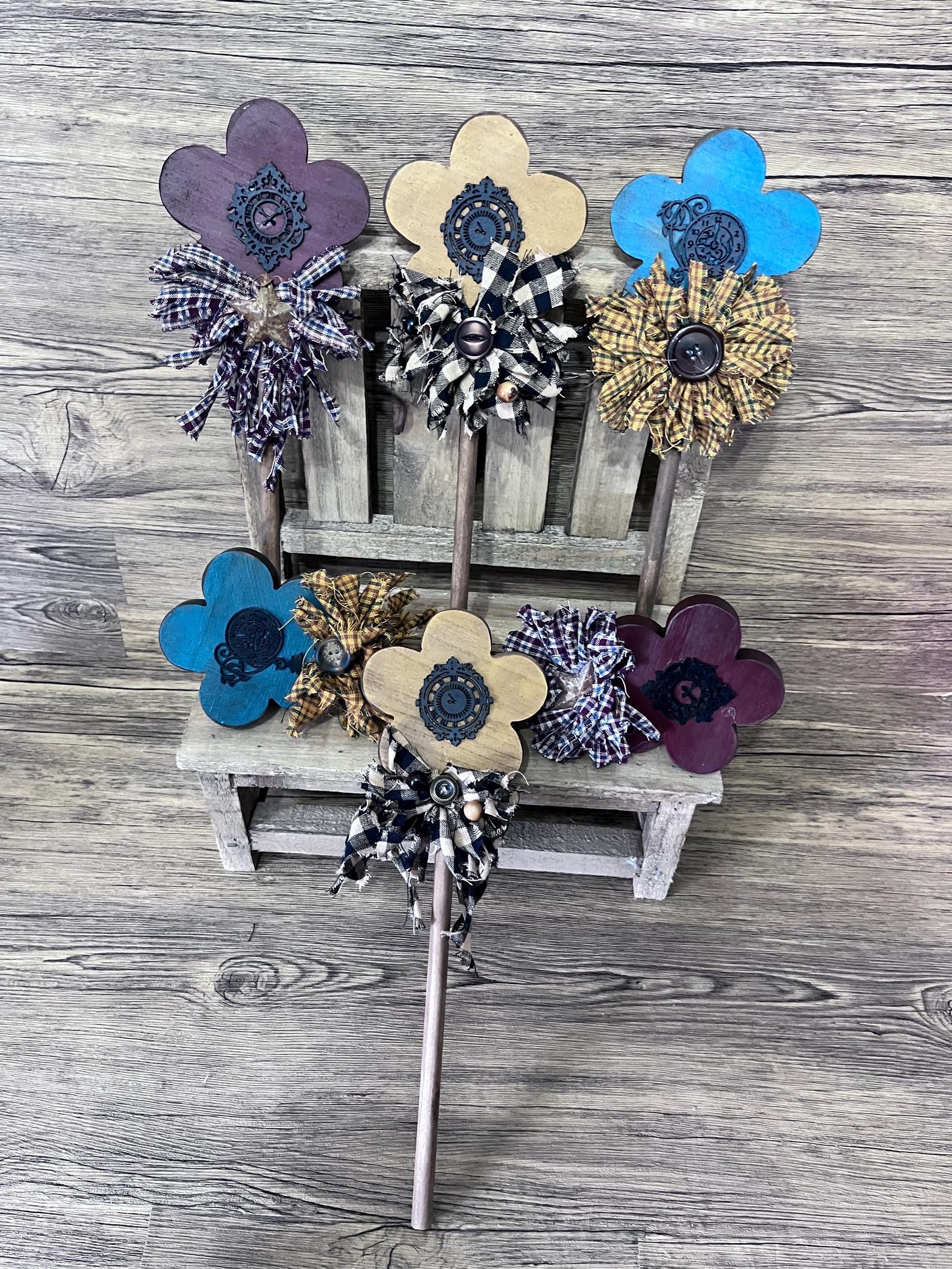Colorful Wooden Flowers With Clock Faces and Cloth Bows, Buttons, Beads ...