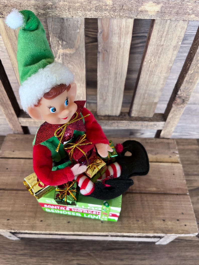 Elf Sitting on a Book Stack, Christmas Decor, Holiday Decorations ...