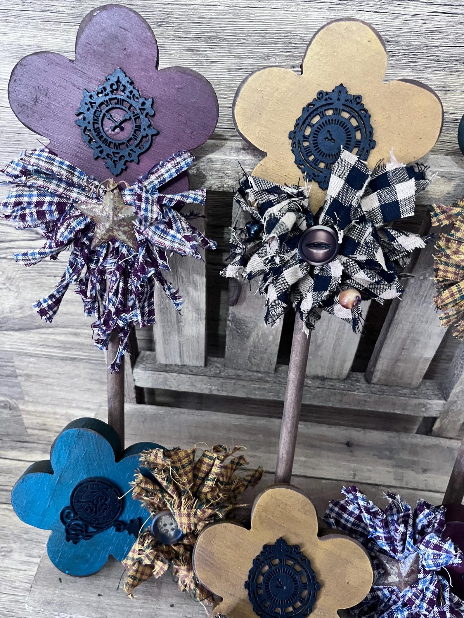 Colorful Wooden Flowers With Clock Faces and Cloth Bows, Buttons, Beads ...