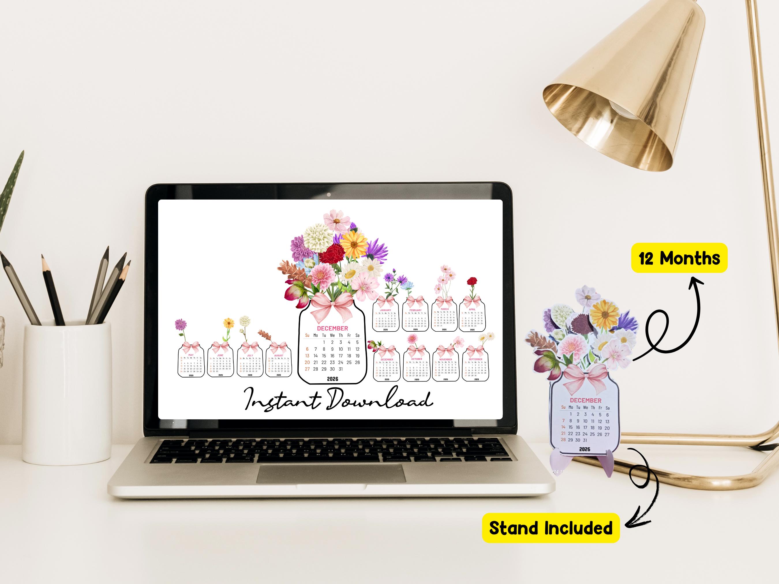 2026 Flower Vase Calendar, Printable Calendar, Desk Calendar, PNG PDF ...
