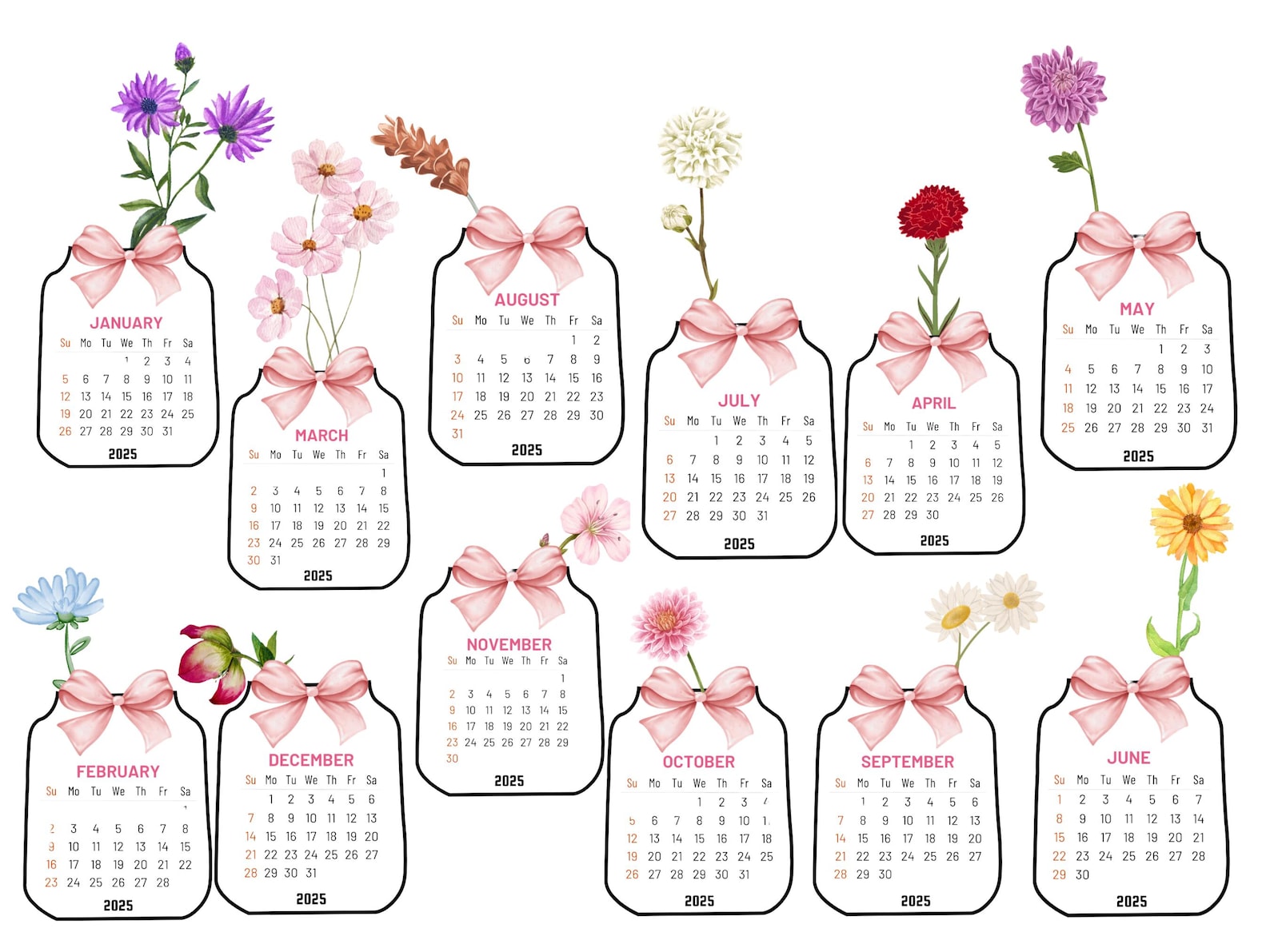 Calendário de mesa floral 2025, calendário para impressão, calendário ...