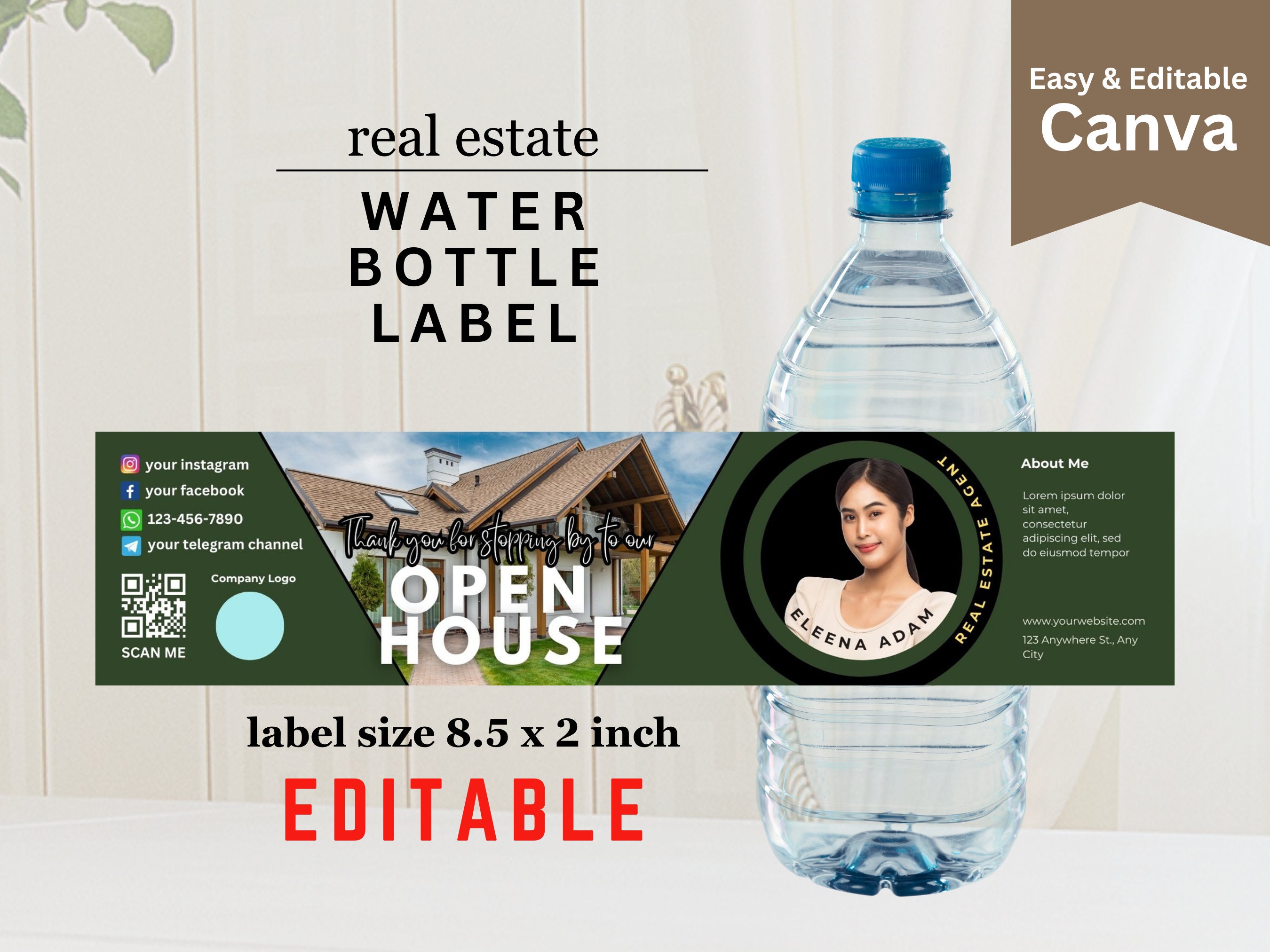 Open House Water Bottle Label Template, Green Color, Open House Bottle ...