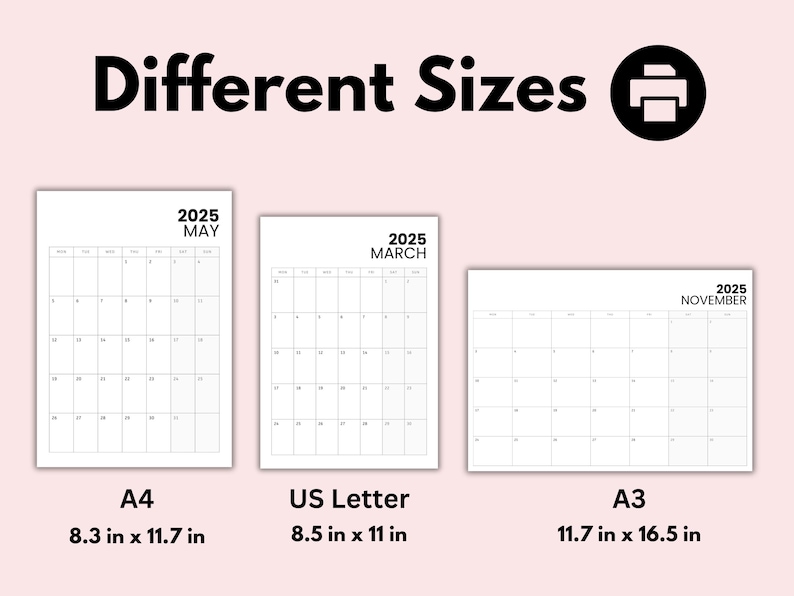 2025 Printable Monthly Calendar A4 A3 US Letter, Digital Download ...