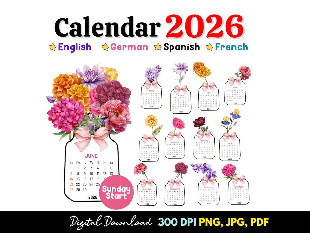 Calendário de Vasos de Flores 2026, Calendário Imprimível, Calendário ...