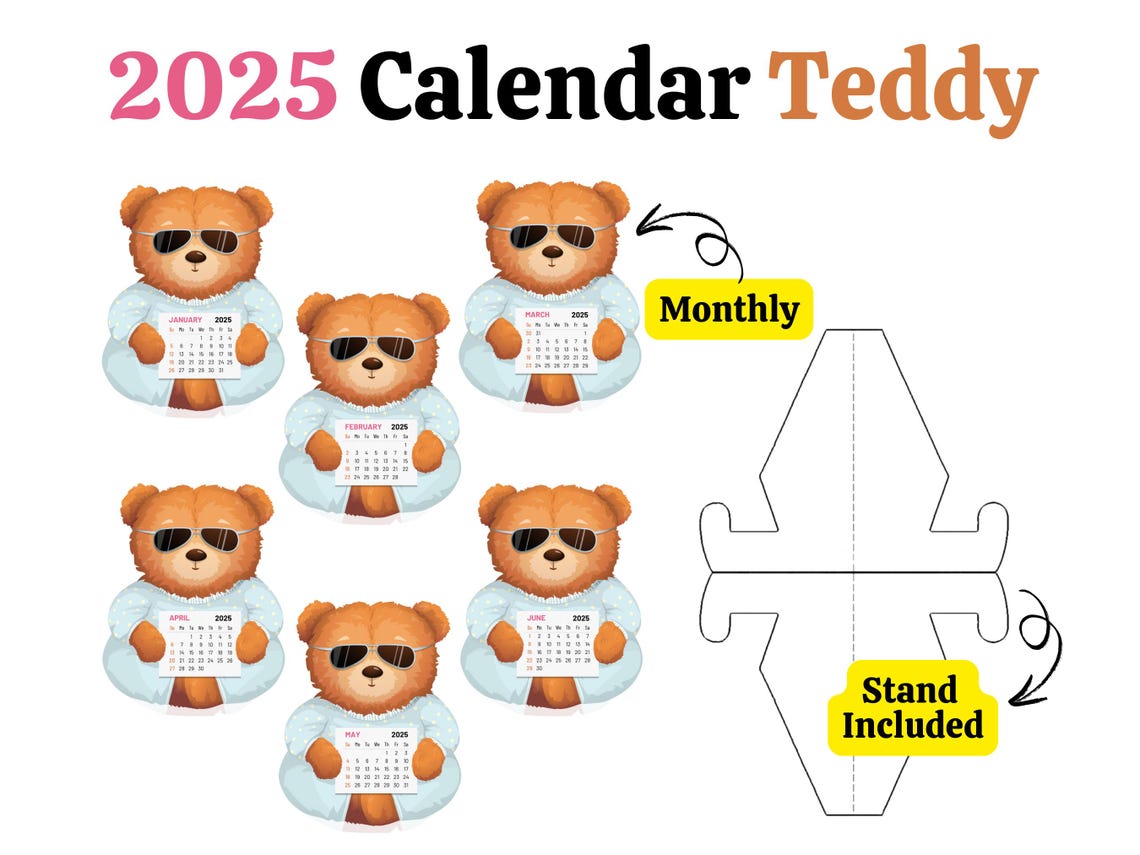 2025 Teddy Desk Calendar, Printable Calendar, Desk Calendar, PNG for ...