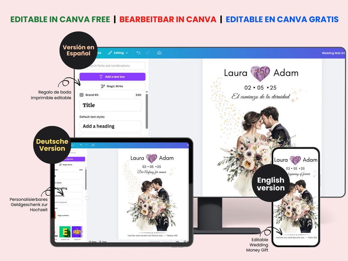 Editable Wedding Money Gift Template | A4 Printable Cash Gift Keepsake ...