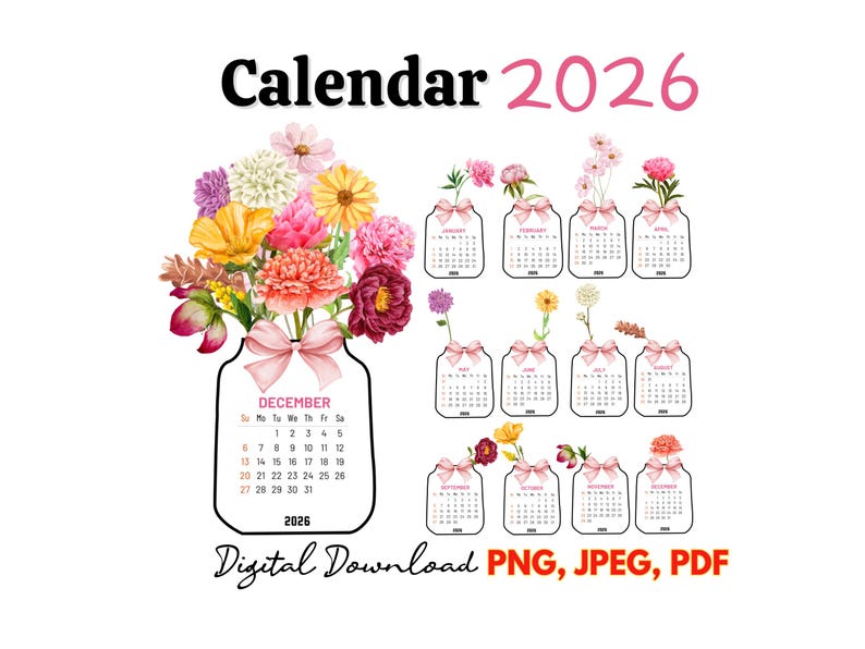 Calendario de escritorio floral 2026, imprimible, PNG JPEG para máquina ...