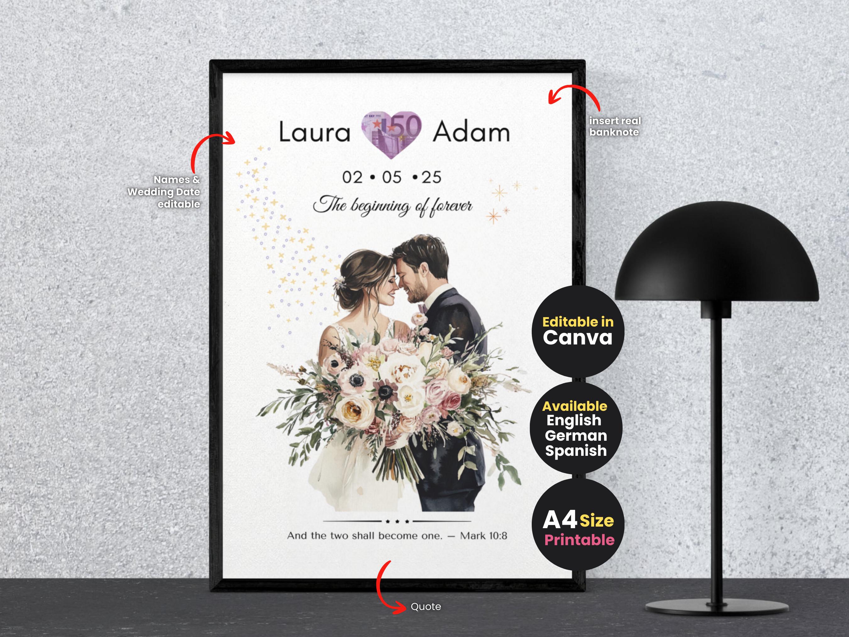 Editable Wedding Money Gift Template | A4 Printable Cash Gift Keepsake ...