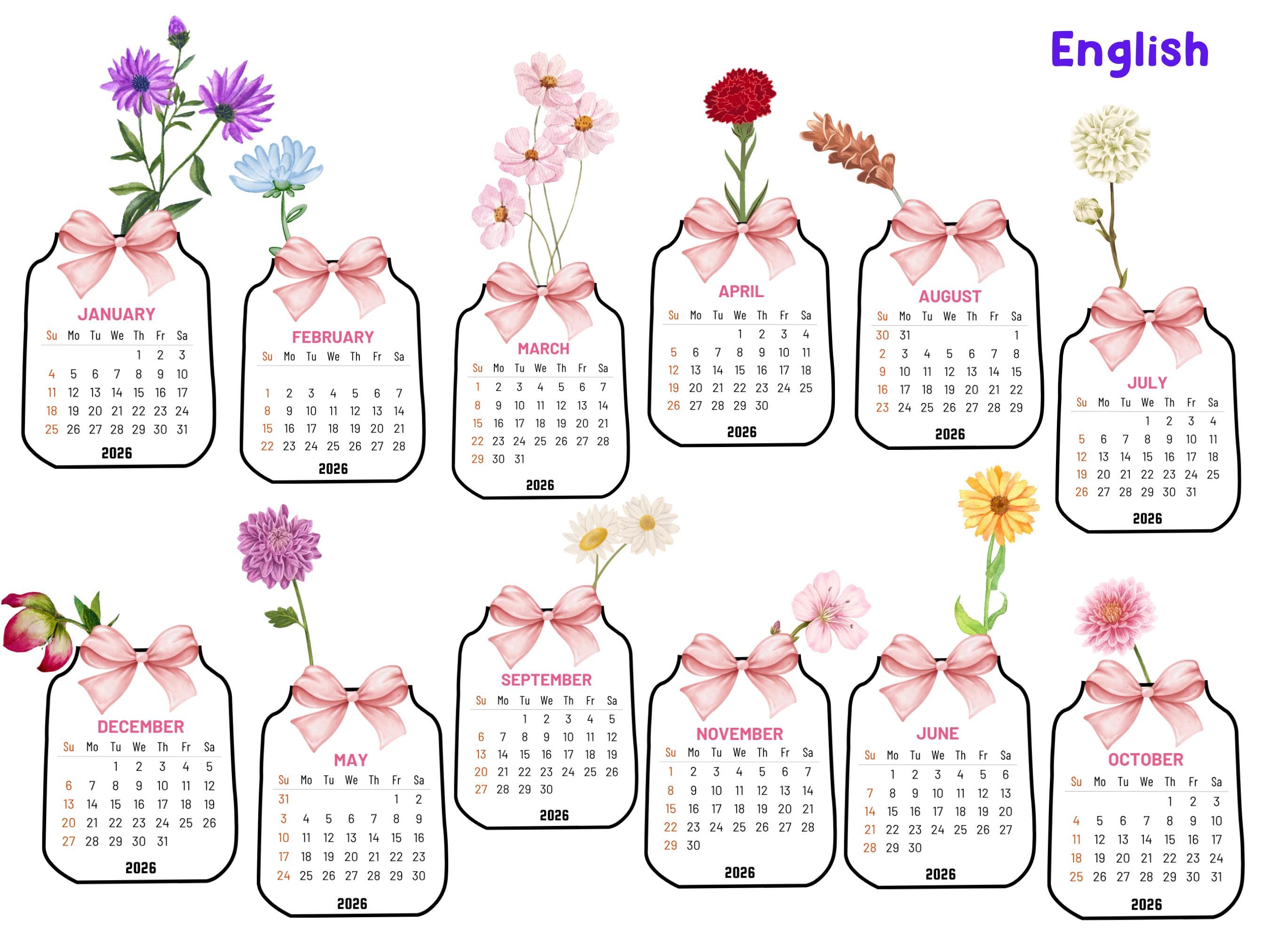 2026 Flower Vase Calendar, Printable Calendar, Desk Calendar, PNG PDF ...