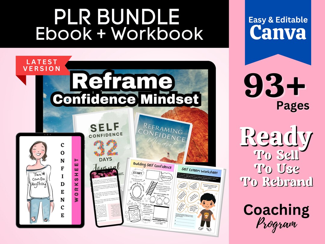 PLR Bundle Ebook Workbook Reframe Confidence Mindset & PLR Guide for Confidence Coach, Self Love ...