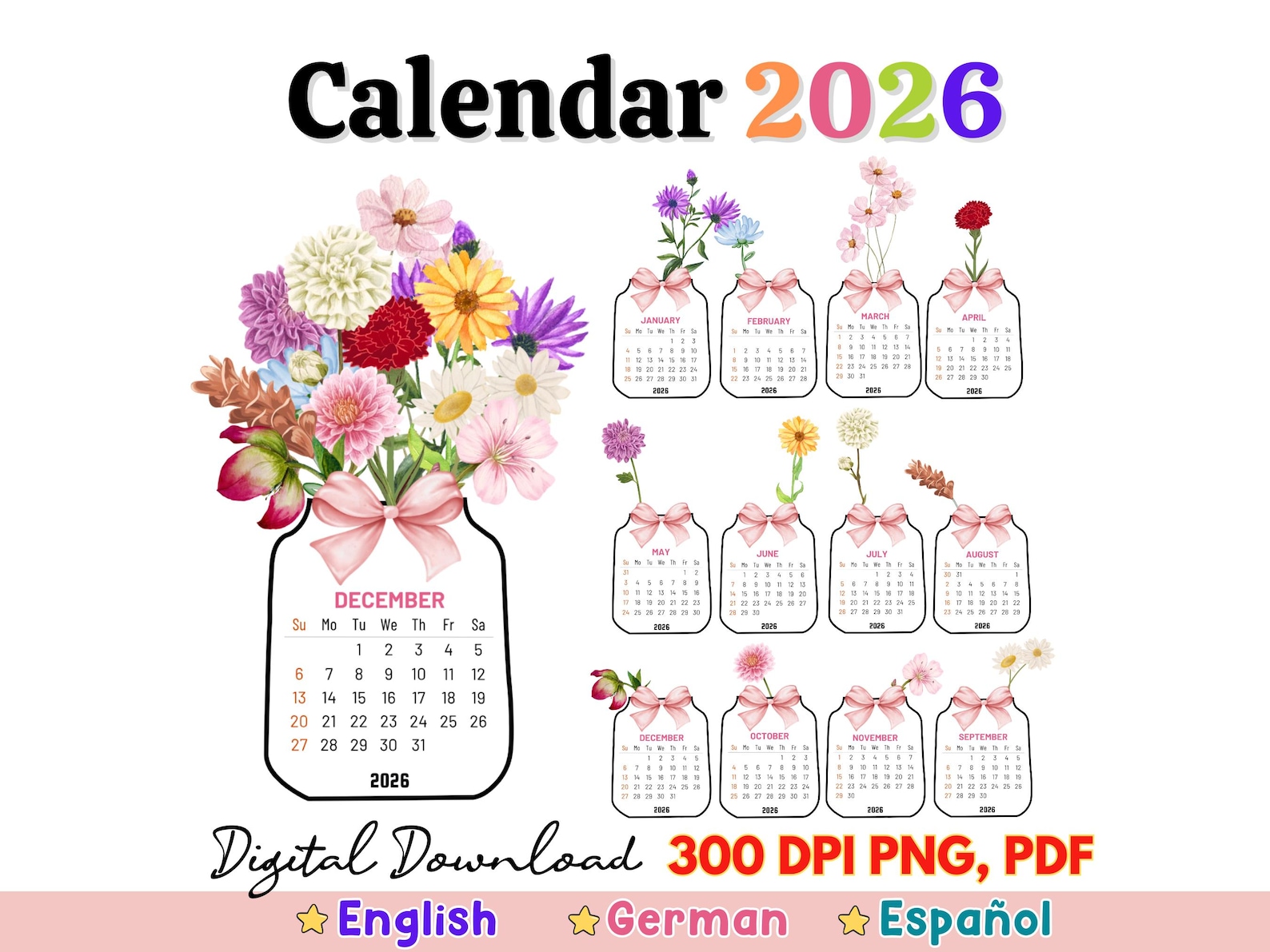 2026 Flower Vase Calendar, Printable Calendar, Desk Calendar, PNG PDF ...