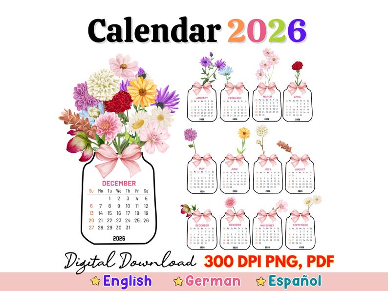2026 Flower Vase Calendar, Printable Calendar, Desk Calendar, PNG PDF ...