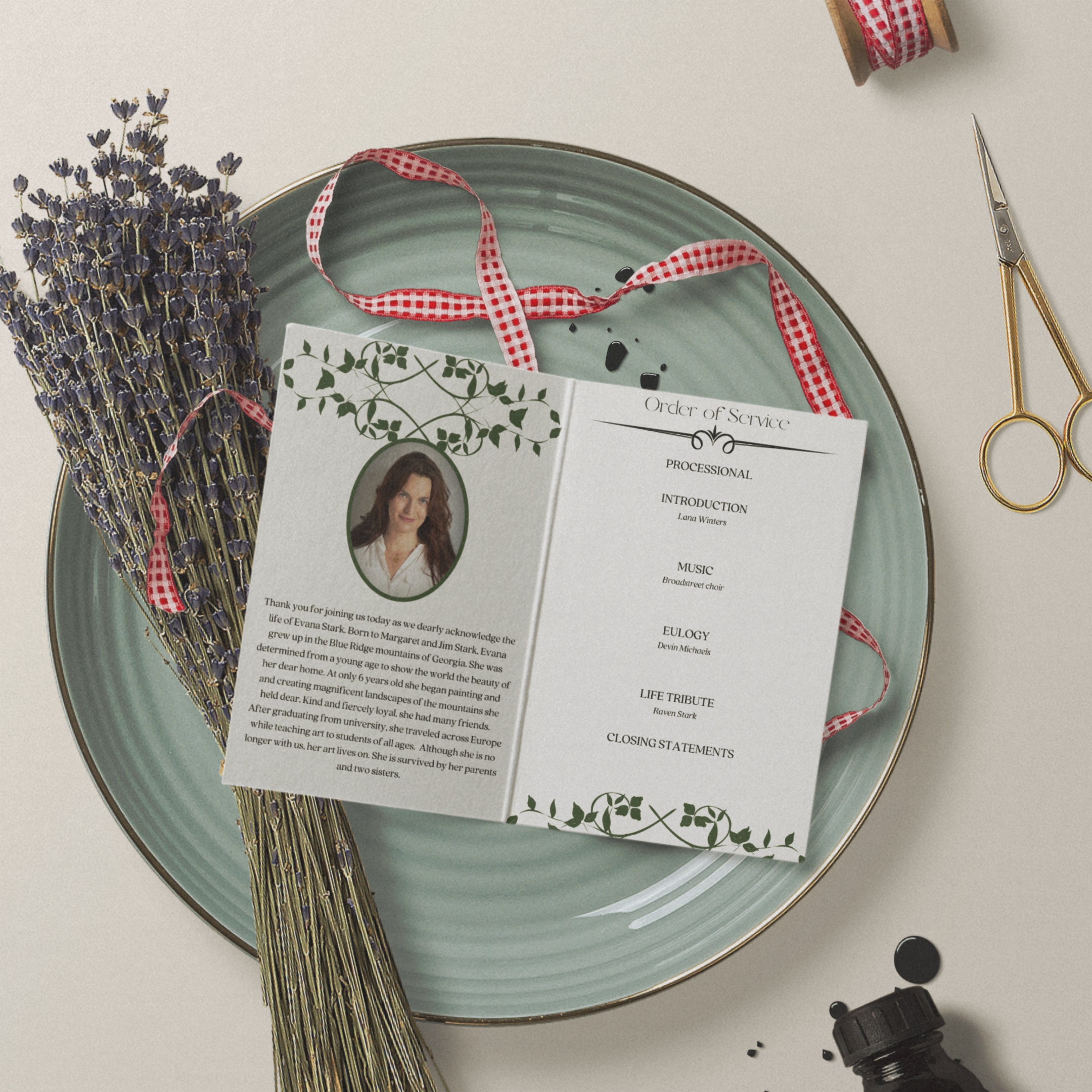 Editable Funeral Program Template, Green Vines Foilage Memorial Program ...