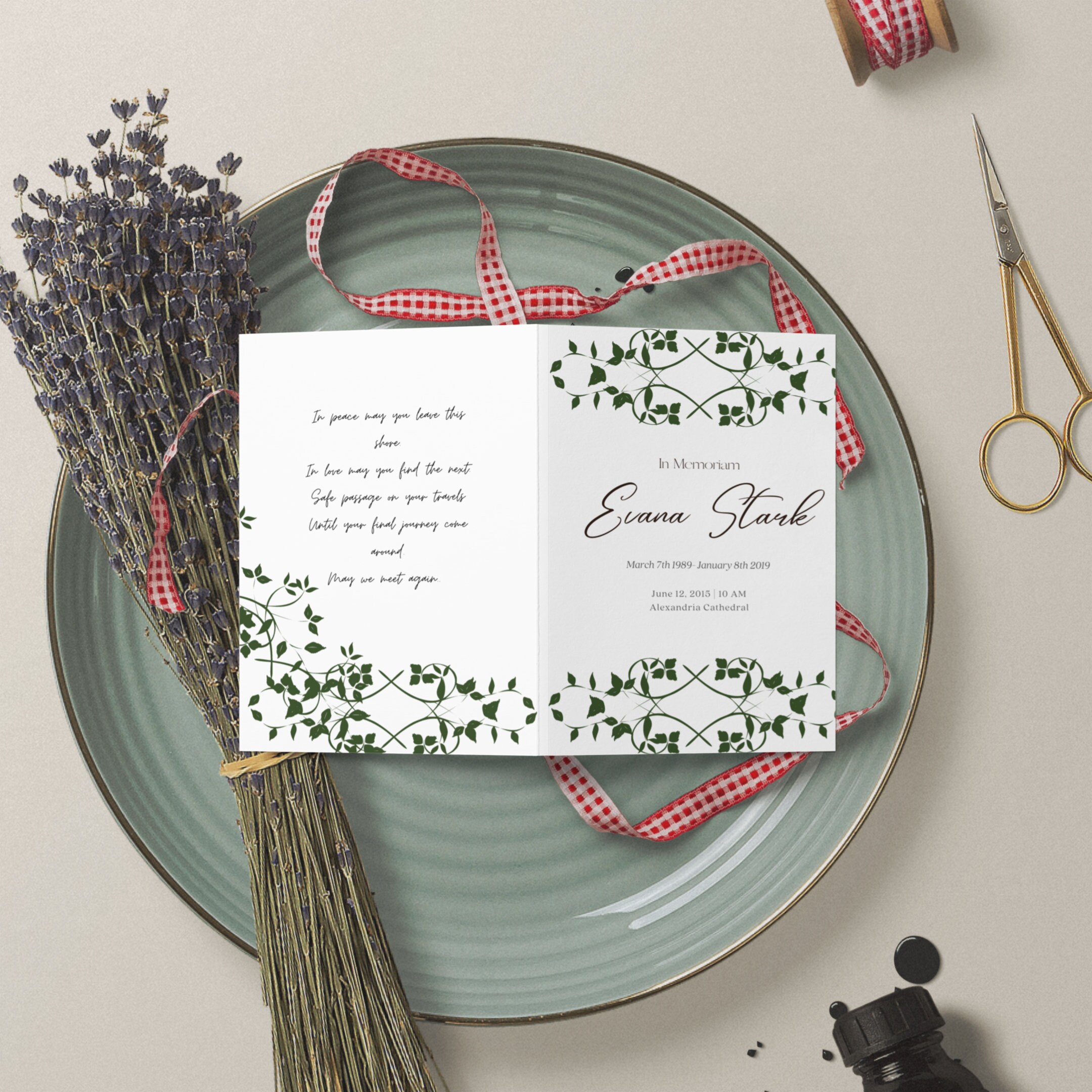 Editable Funeral Program Template, Green Vines Foilage Memorial Program ...