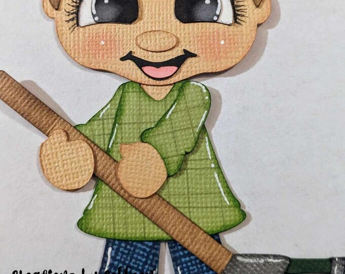 Premade Paper Piecing Little Boy Raking Leaves Fall Kids Embellishment ...