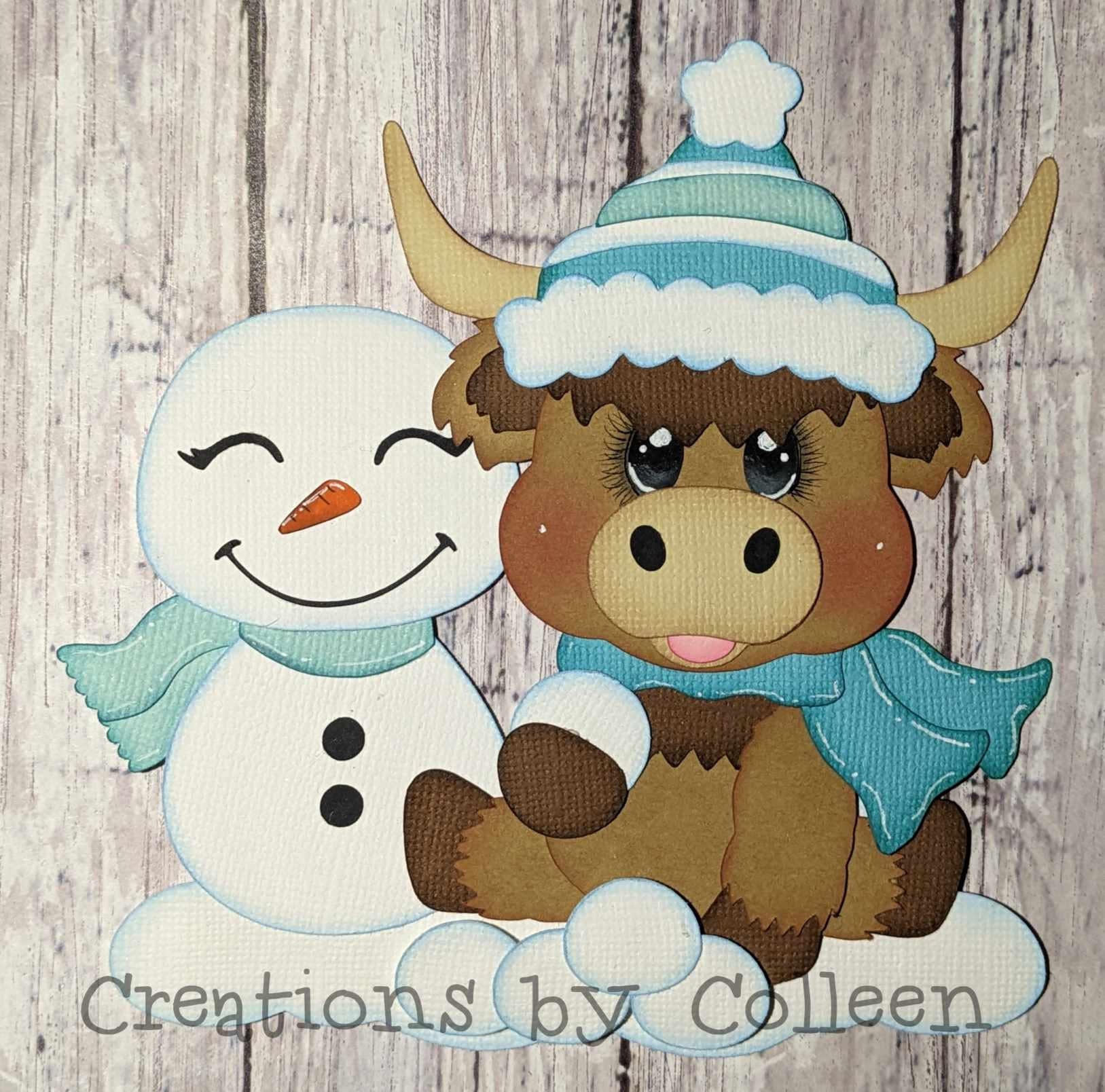 Highland Cow Winter Snowman Premade Paper Piecing Scrapbooking Card ...