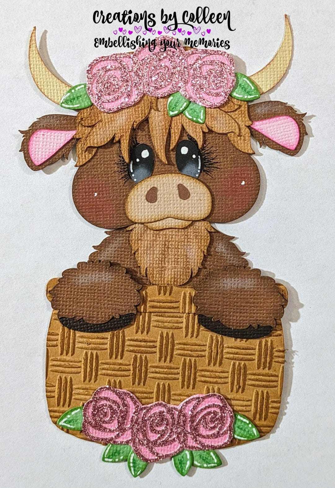 Highland Cow Valentine Roses Premade Paper Piecing Scrapbooking Card ...