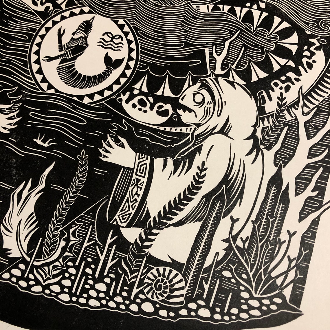 Linocut - Dagon - White Paper, Large Format 42 X 64 Cm, Cthulhu Myth - Etsy