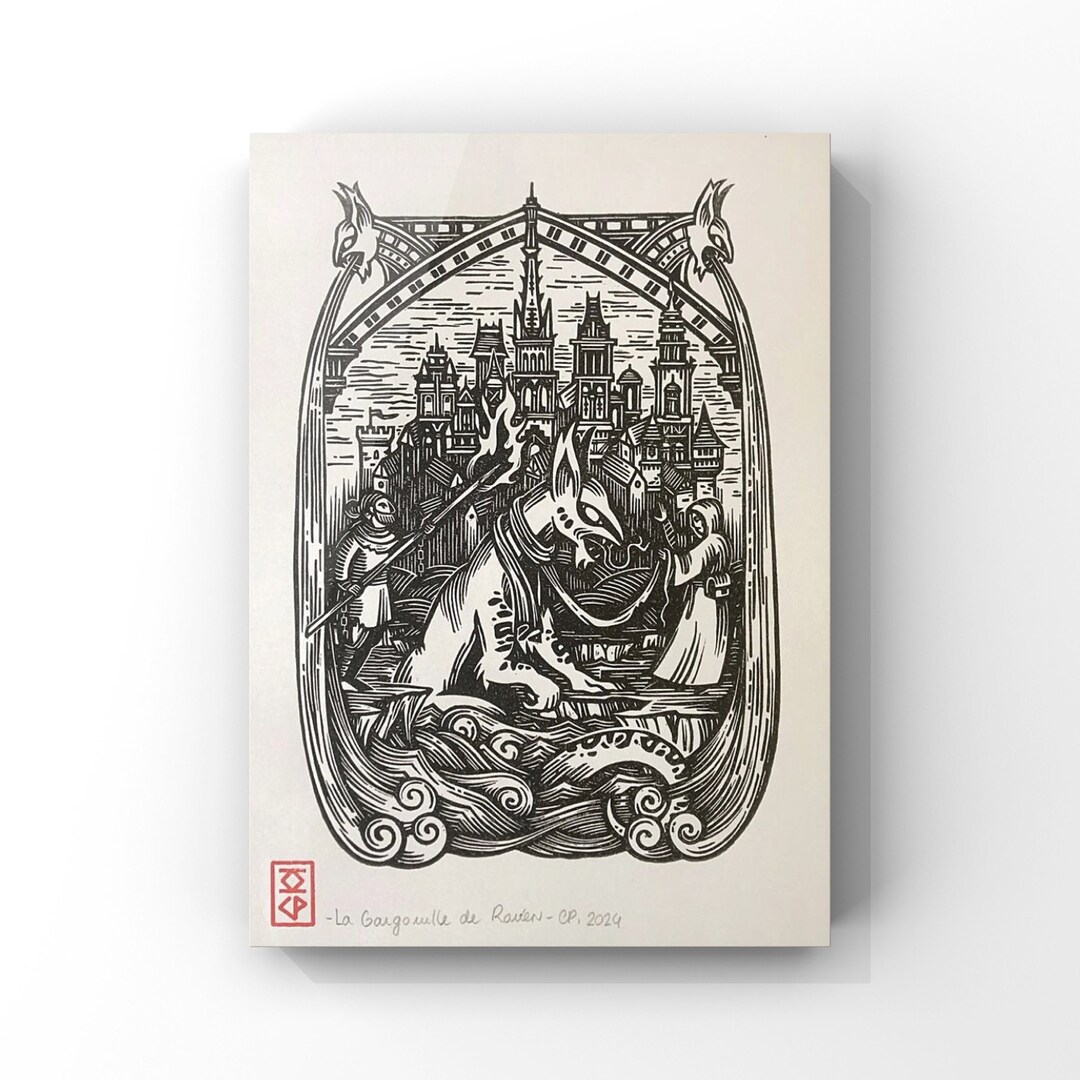 The Gargoyle of Rouen - Linocut on Ivory Paper, A4 Format - Etsy