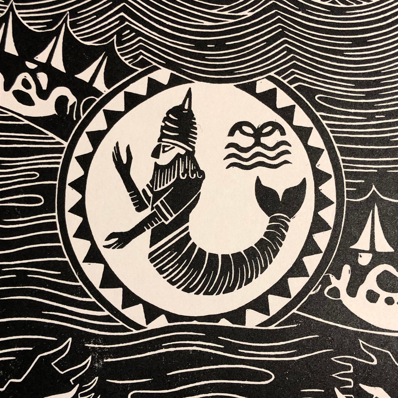 Linocut - Dagon - White Paper, Large Format 42 X 64 Cm, Cthulhu Myth - Etsy