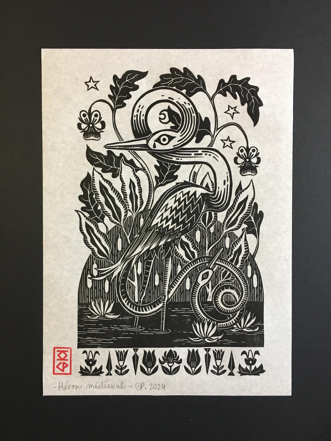 Linocut - Medieval Heron - Strange Bestiary, Rice Paper - Etsy