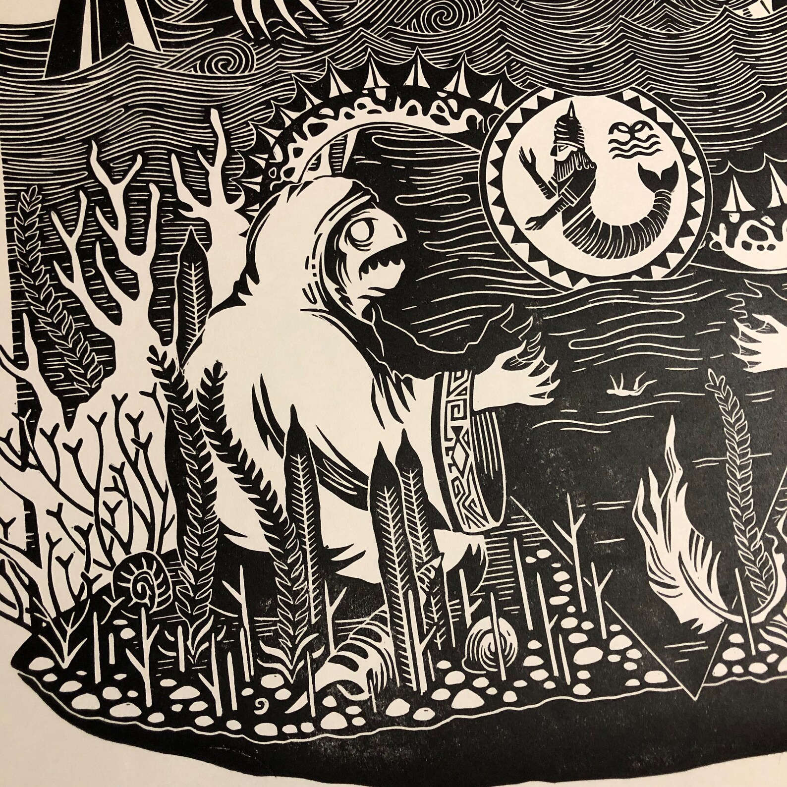Linocut - Dagon - White Paper, Large Format 42 X 64 Cm, Cthulhu Myth - Etsy