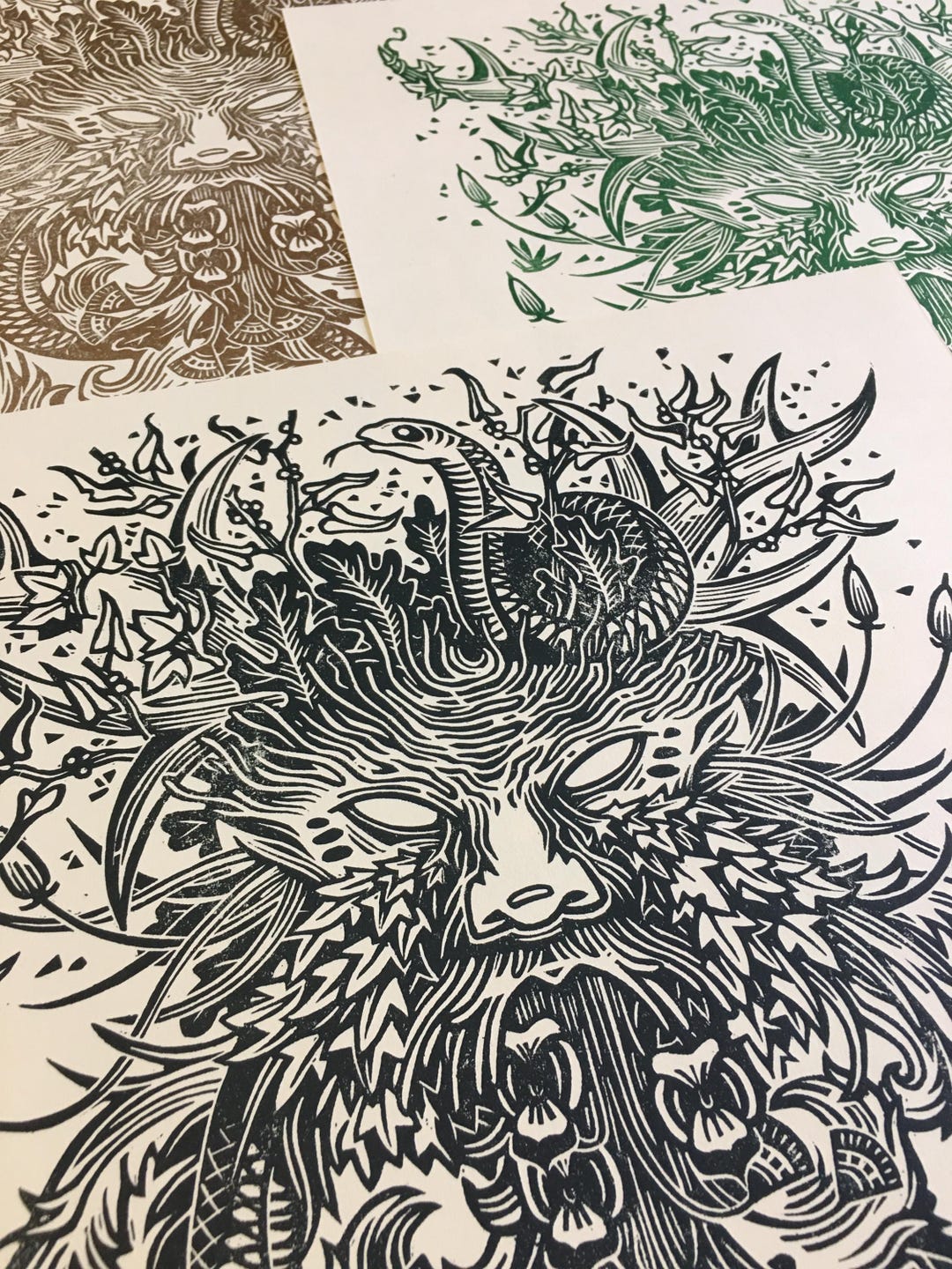 Linocut Green Man Various Colors, Square Format - Etsy