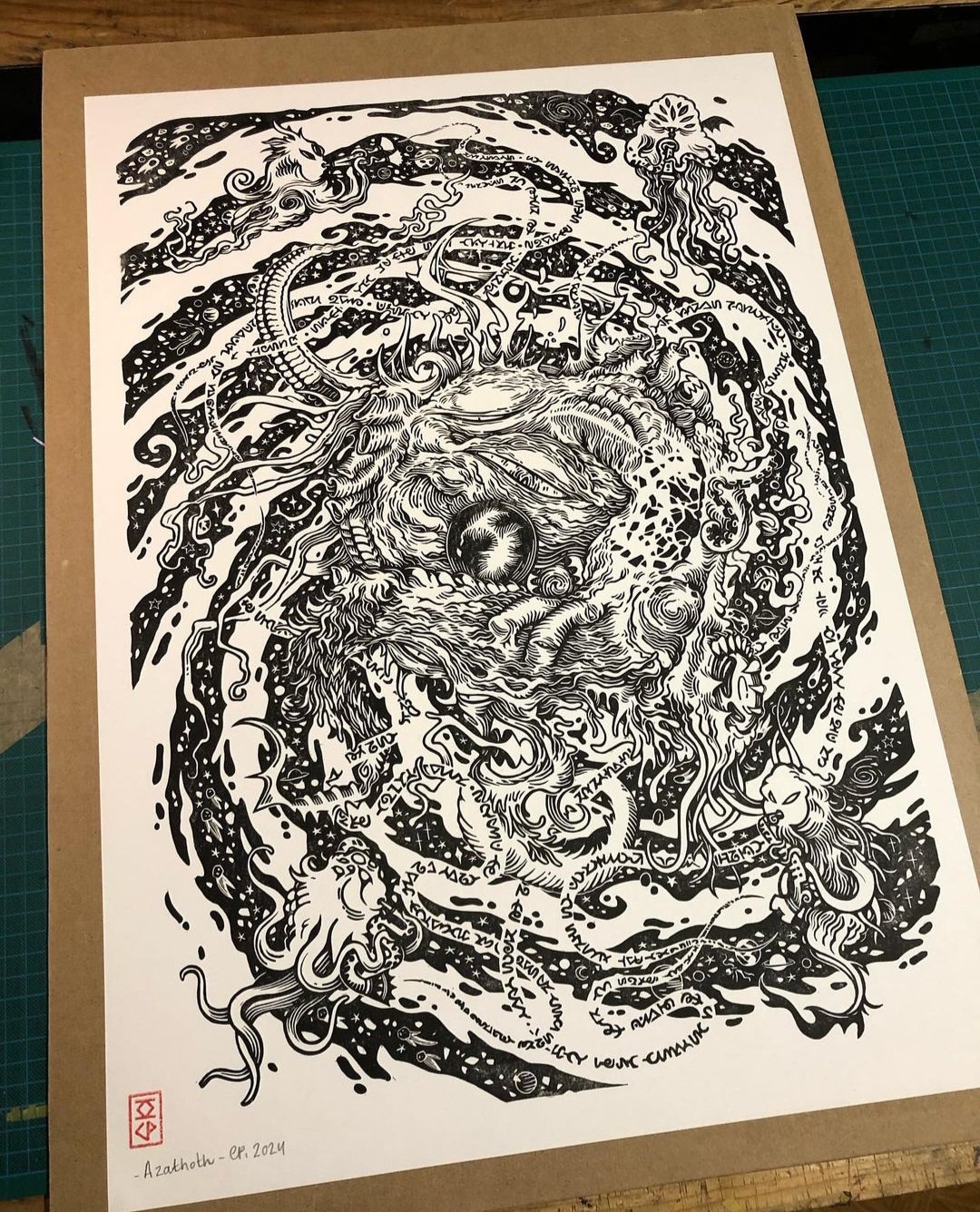 Linocut - Azathot - White Paper, Large Format 45 X 64 Cm, Cthulhu Myth ...