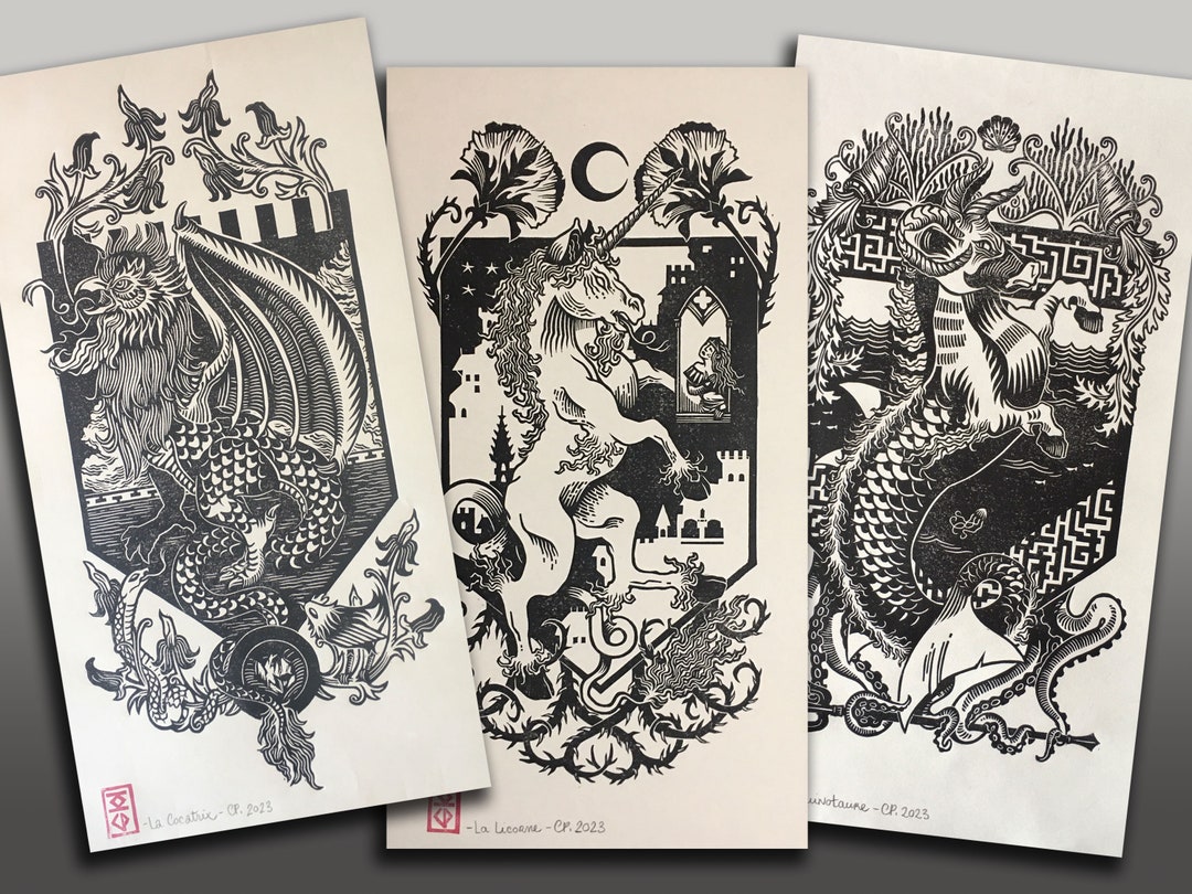 Linocuts the Cockatrice, the Unicorn, the Quinotaur the Coats of Arms ...