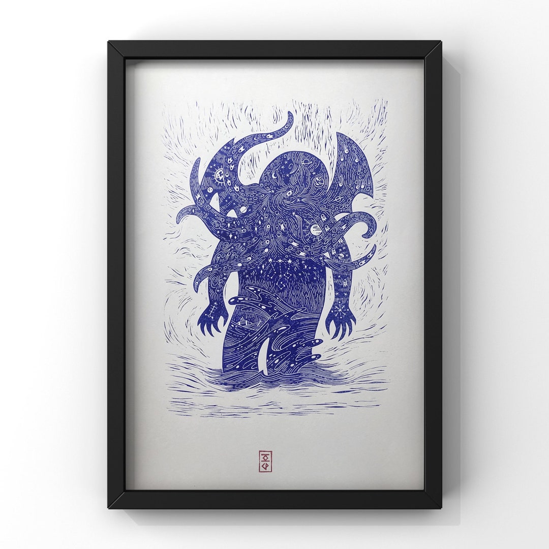 Cthulhu Galaxy - Blue or Black Linocut on White Paper - Large Format 42 ...