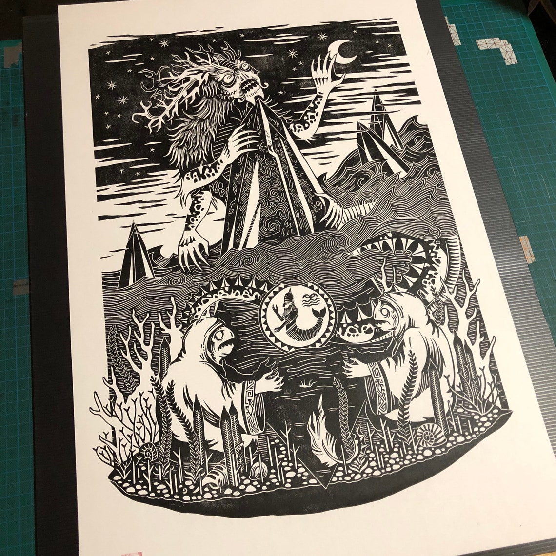Linocut - Dagon - White Paper, Large Format 42 X 64 Cm, Cthulhu Myth - Etsy