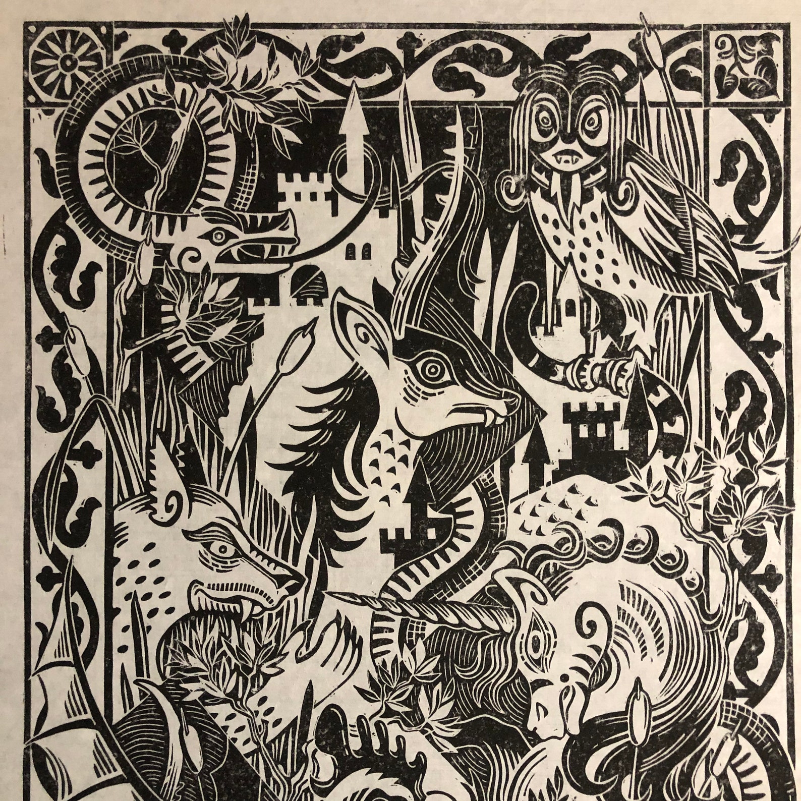 Medieval Bestiary - Linocut on Rice Paper - Large Format 42 X 63 Cm - Etsy