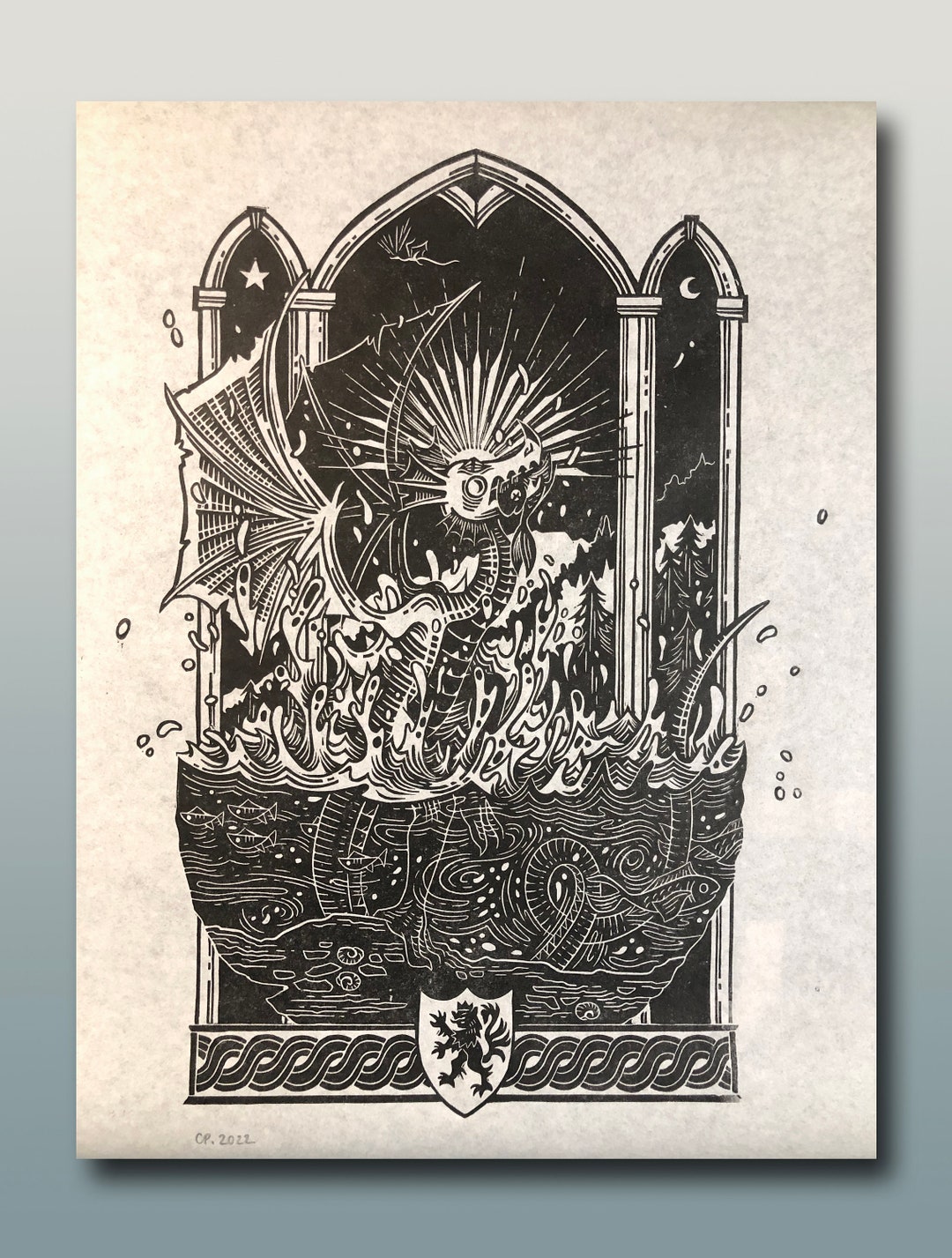 The Wyvern - Medieval Linocut on Rice Paper - Size 38x42 Cm - Etsy