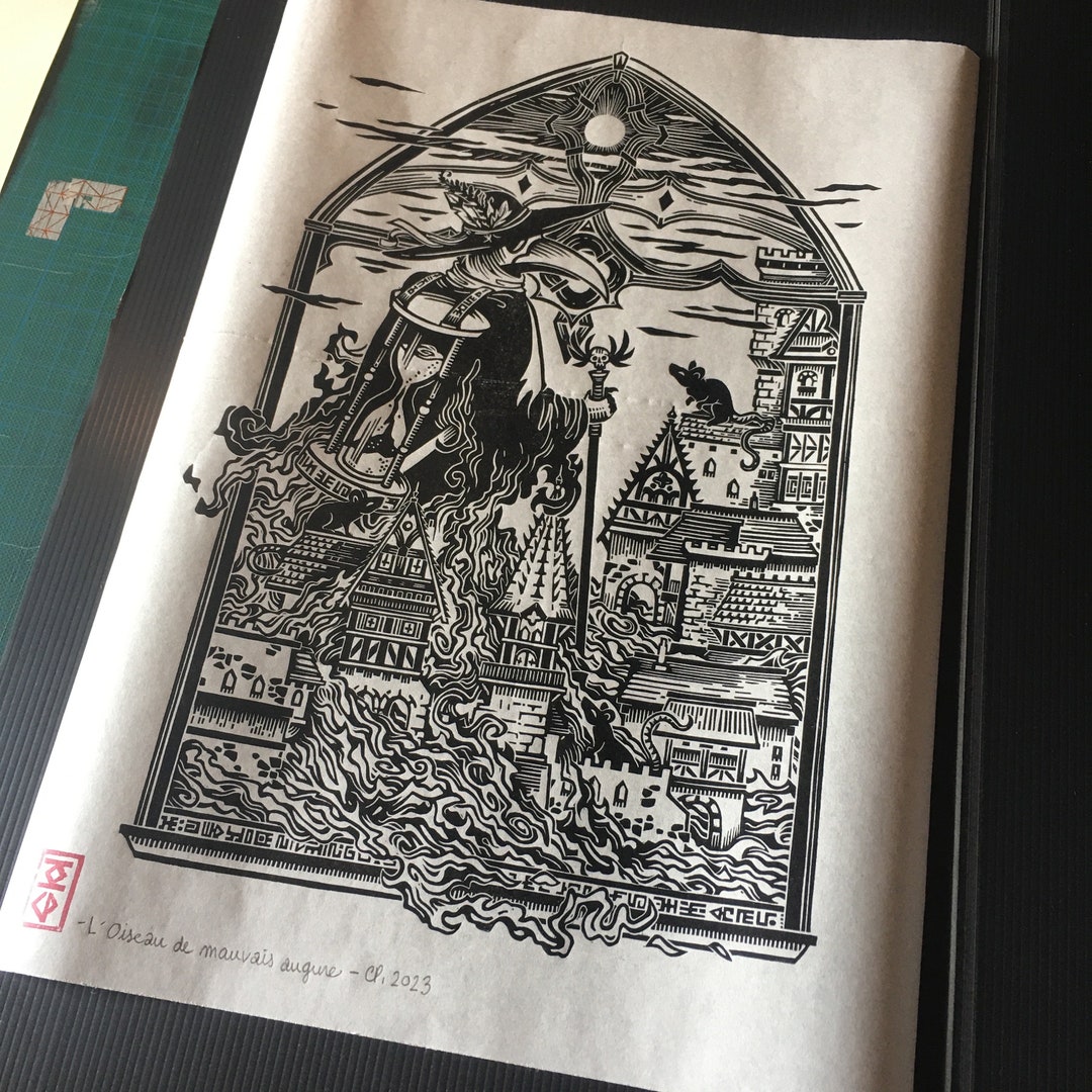 The Bad Omen Bird Linocut on Rice Paper 33x46 Cm - Etsy