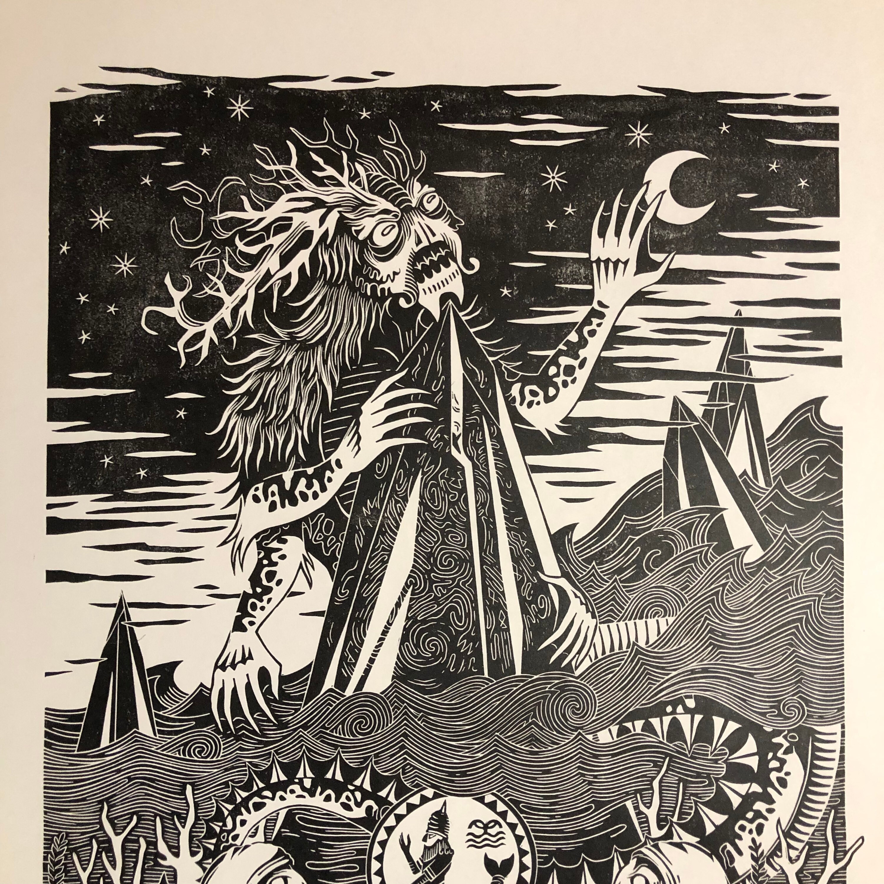 Linocut - Dagon - White Paper, Large Format 42 X 64 Cm, Cthulhu Myth - Etsy