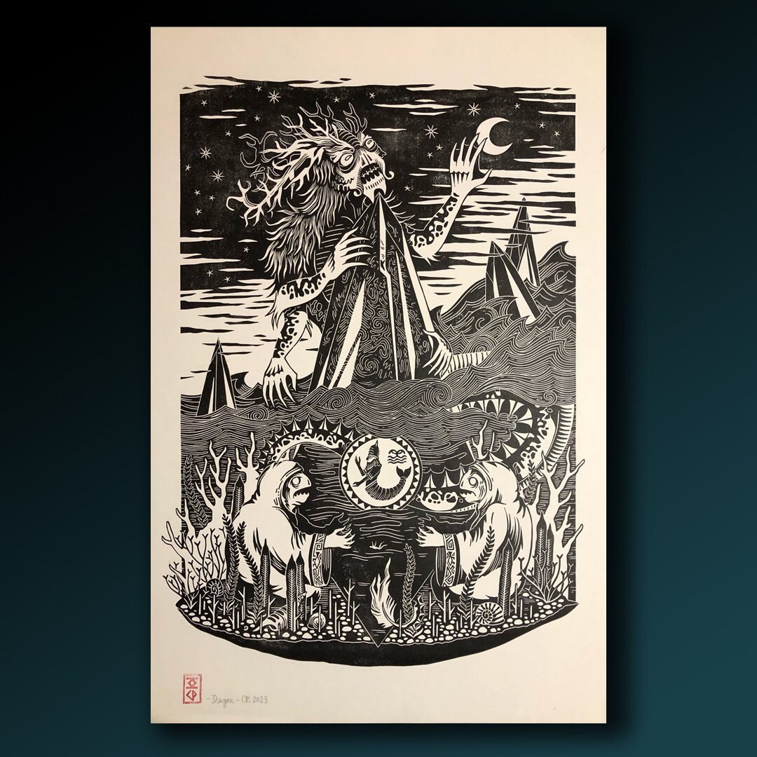 Linocut - Dagon - White Paper, Large Format 42 X 64 Cm, Cthulhu Myth - Etsy