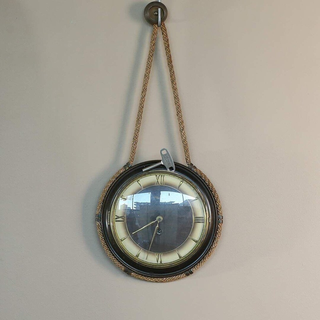 Mid Century Winding Wall Clock With Rope Hanger Shelf Decor Objects ...