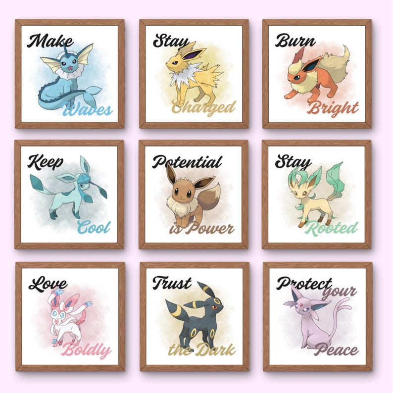 Eevee Eeveelutions Poster Set of 9 Motivational Quotes, Pokemon Wall ...