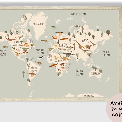 Dinosaur World Map Children's Map Green Background - Etsy