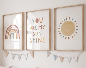 BOHO You Are My Sunshine Printable Wall Art, Nursery Art, Set of 3, Sun ...