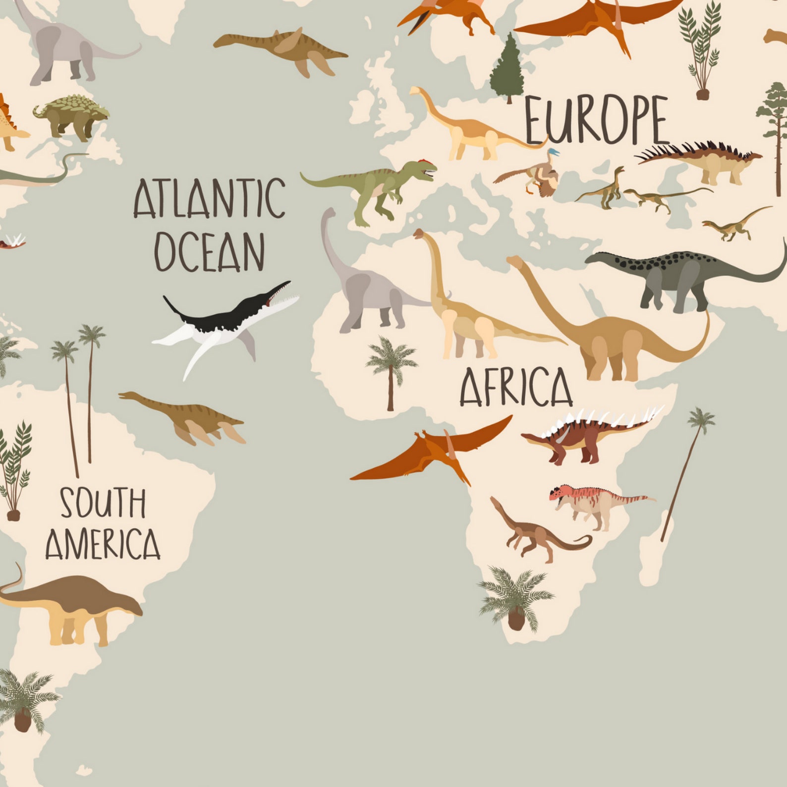 Dinosaur World Map Children's Map Green Background - Etsy